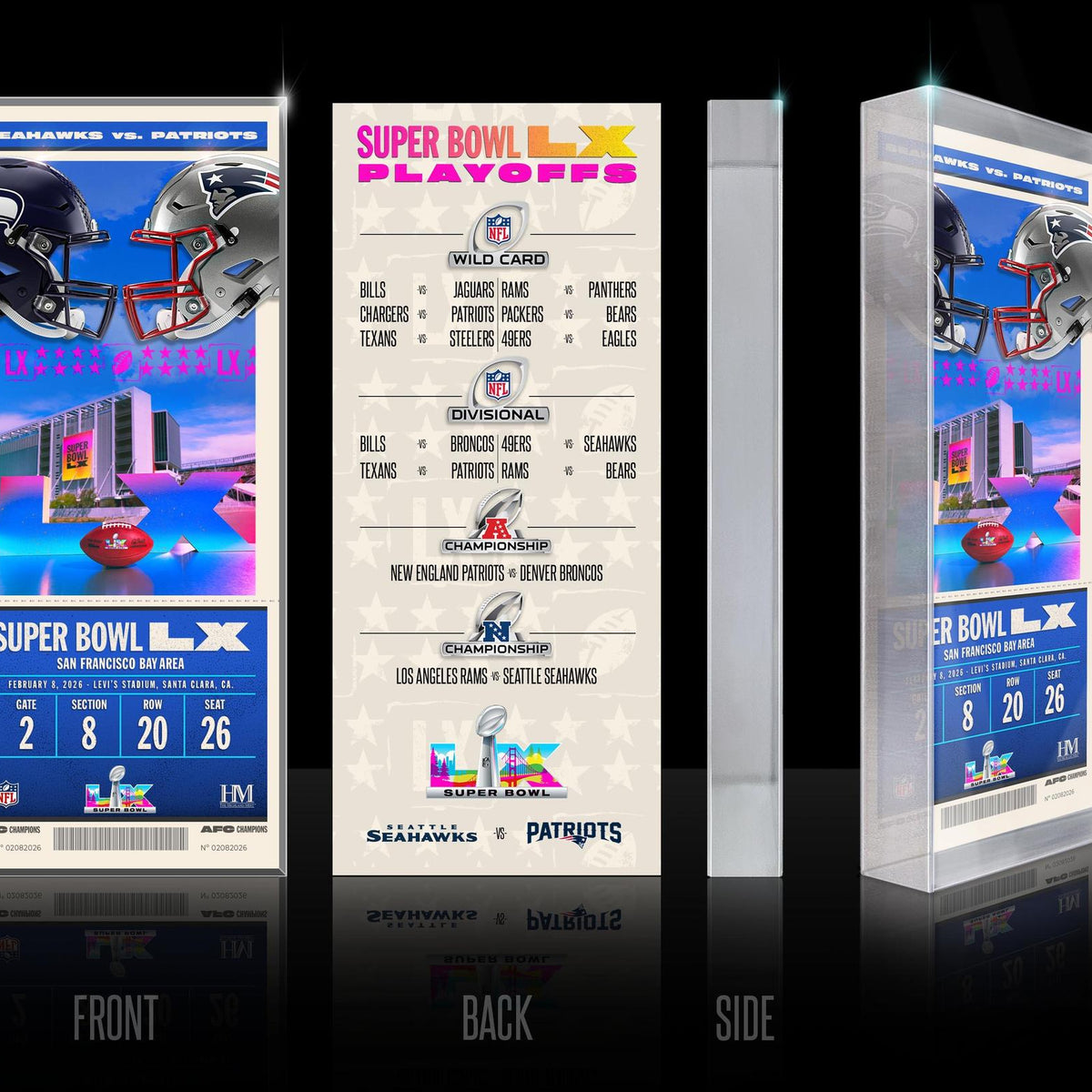 New England Patriots vs. Seattle Seahawks Super Bowl LX Ticket Acrylic ...